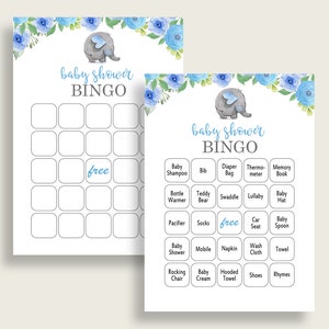 Elephant Blue Baby Shower Bingo Cards Printable, Blue Gray Baby Shower ...