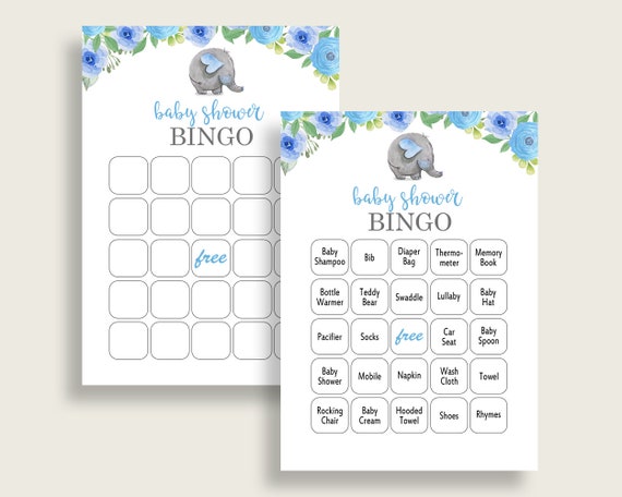 Elephant Blue Baby Shower Bingo Cards Printable, Blue Gray Baby Shower ...