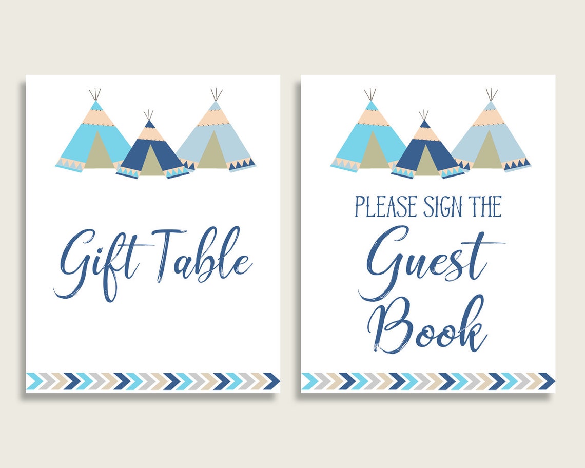Tribal Teepee Baby Shower Boy Table Signs Printable, Blue Beige Party ...