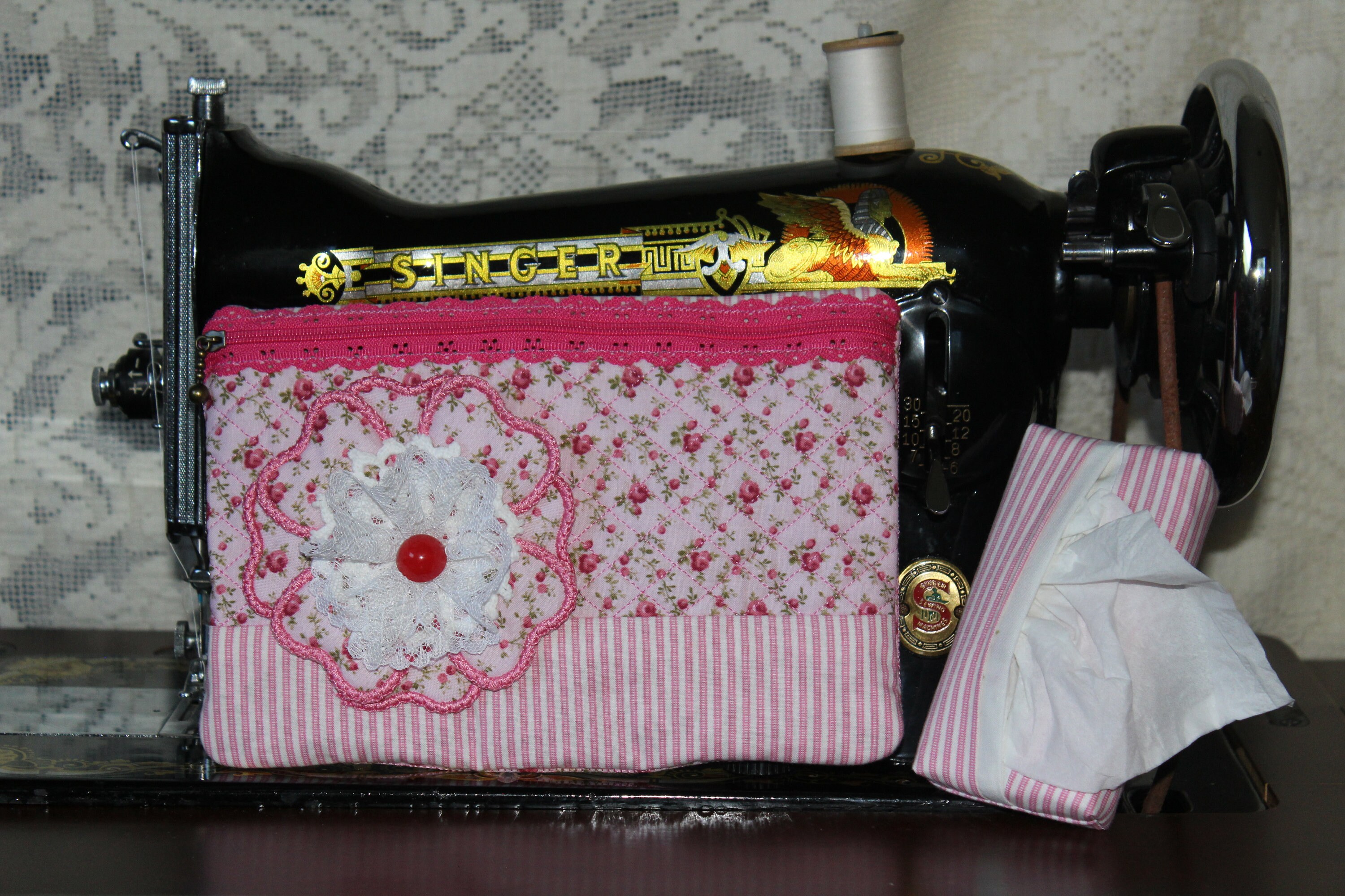 Very Pink, Pretty Pouch W/fabric, Lace, Button Flower. A Girly Makeup ...