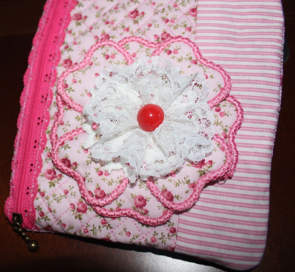 Very Pink, Pretty Pouch W/fabric, Lace, Button Flower. A Girly Makeup ...