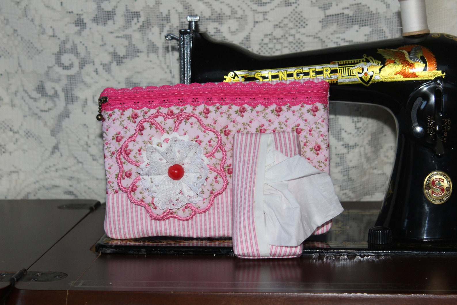 Very Pink, Pretty Pouch W/fabric, Lace, Button Flower. A Girly Makeup ...