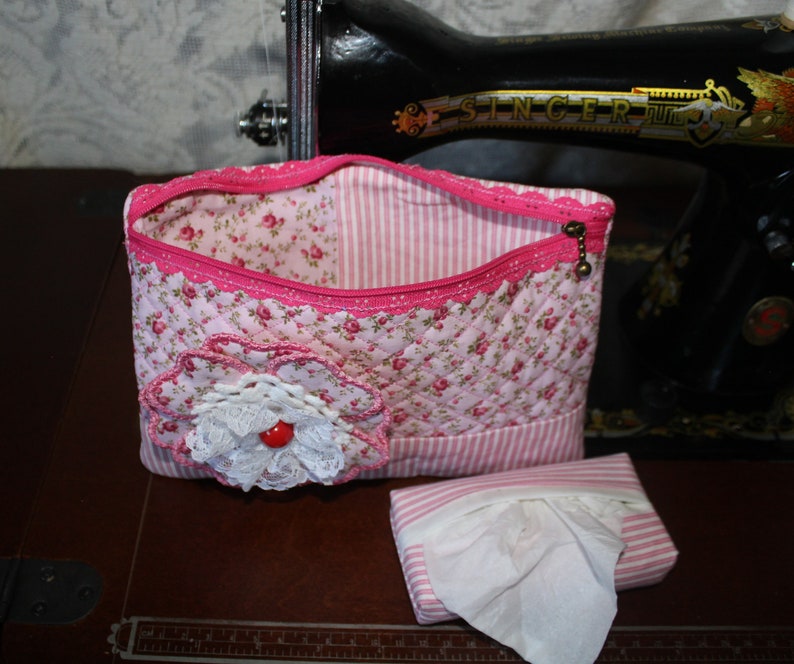 Very Pink, Pretty Pouch W/fabric, Lace, Button Flower. A Girly Makeup ...