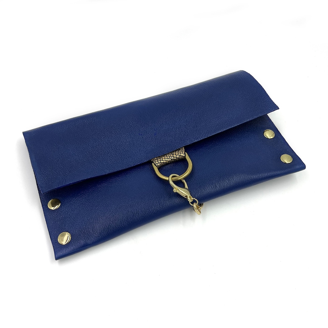 Royal Blue and Metallic Gold Leather Handmade Clutch / Magnetic Closure ...