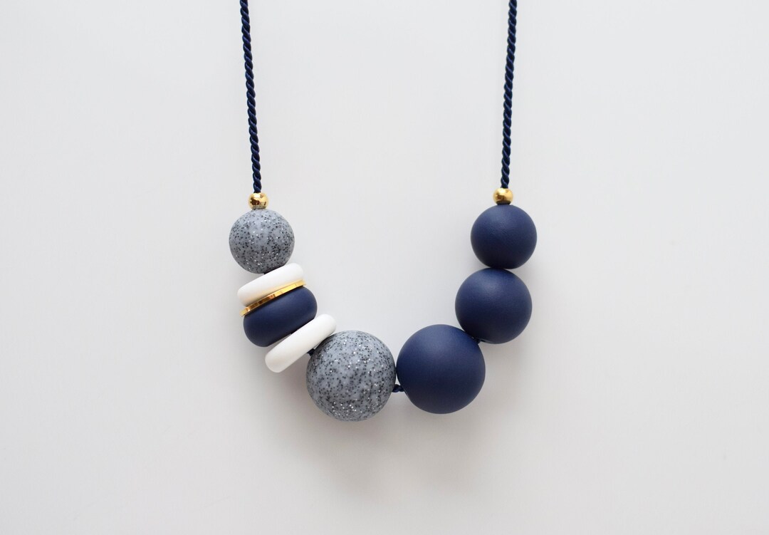 Navy Statement Necklace, Blue Chunky Necklace, Modern Beaded Necklace ...