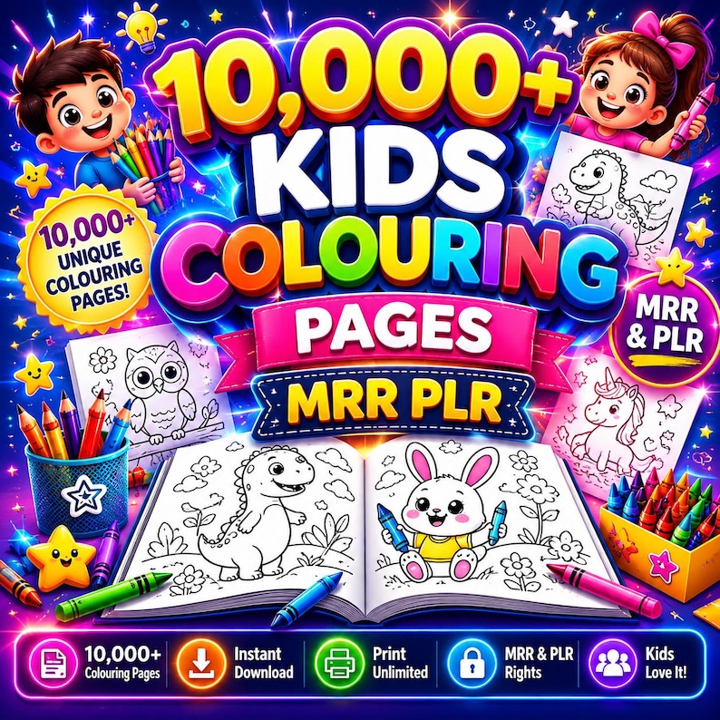 10,000+ Kids Colouring Pages Bundle, PLR MRR Resell Rights (digital ...