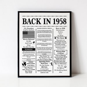 1958 Back in 1958 Fun Facts 1958 Trivia Birthday Sign 1958 16x20, 8x10 ...