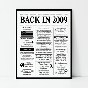 2009 Back in 2009 Fun Facts 2009 Trivia Birthday Sign 2009 16x20, 8x10 ...