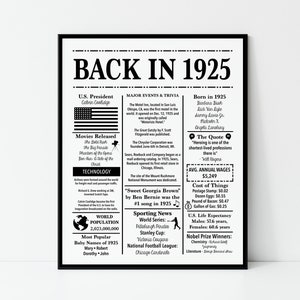 1925 Back in 1925 Black and White Poster Birthday 1925 Facts | Etsy