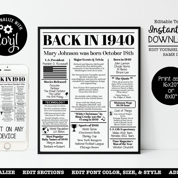 1940 Fun Facts - Etsy