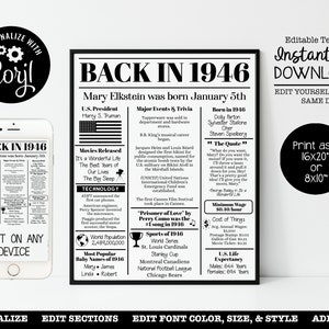 EDITABLE 1946 Back in 1946 Birthday Poster Fun Facts 1946 Anniversary ...