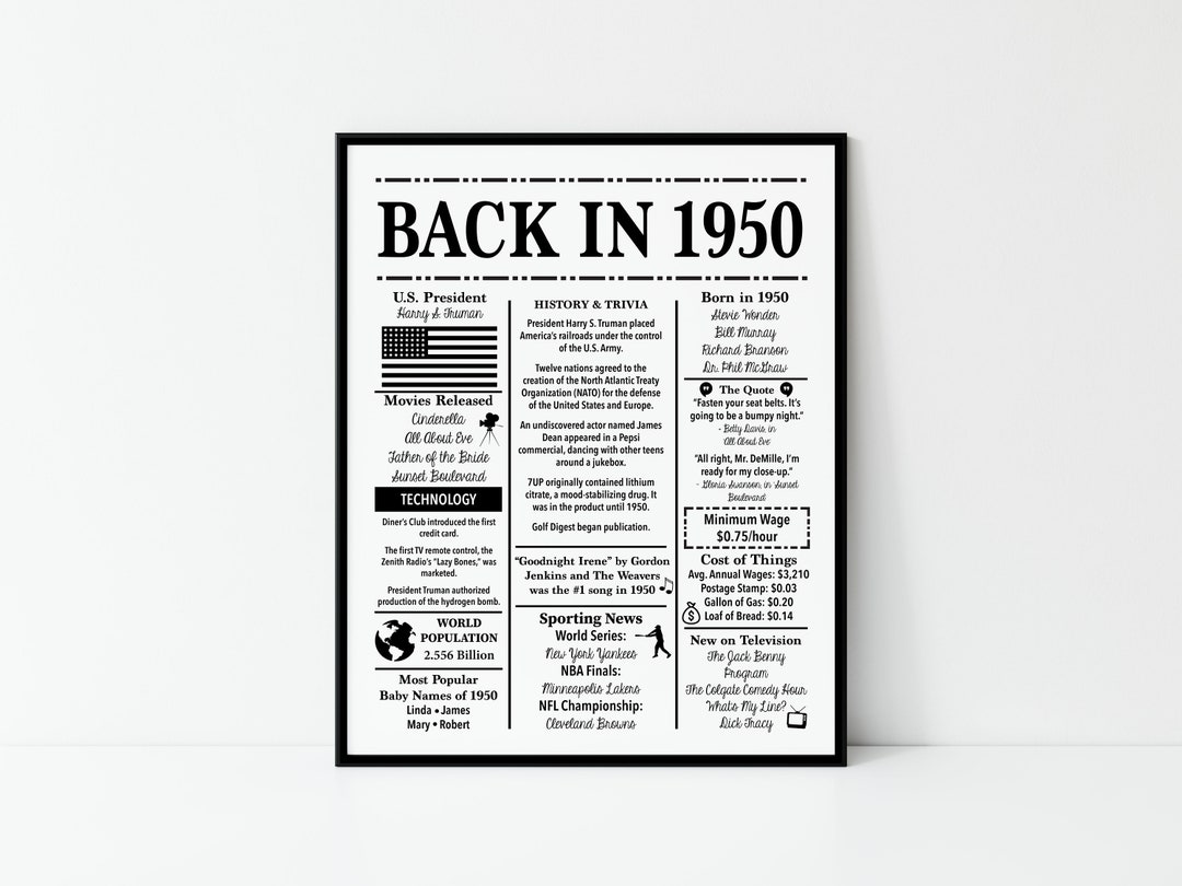 1950 Back in 1950 Fun Facts 1950 Trivia Birthday Sign 1950 16x20, 8x10 ...