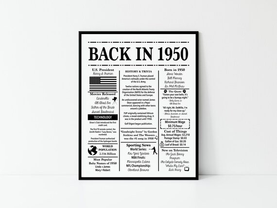 1950 Back in 1950 Black and White Poster Birthday 1950 Facts - Etsy UK