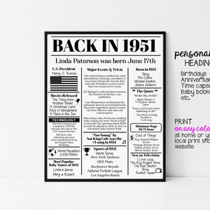 EDITABLE 1951 Back in 1951 Birthday Poster Fun Facts 1951 Anniversary ...