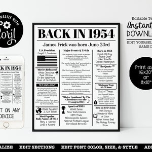 EDITABLE 1954 70th Birthday Back in 1954 Birthday Poster Fun Facts 1954 ...