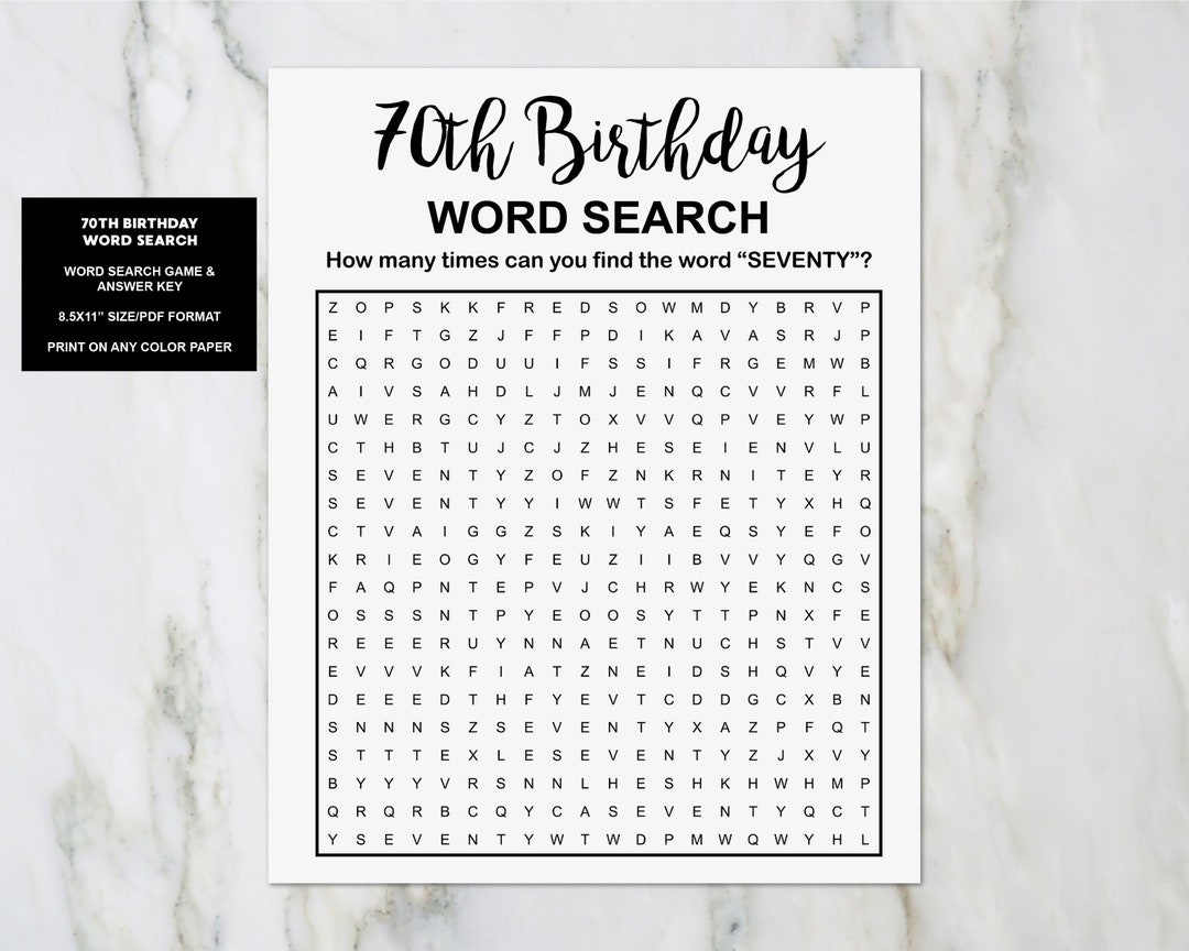 70th Birthday Game Word Search SEVENTY Birthday Game Party Games 8.5x11 ...