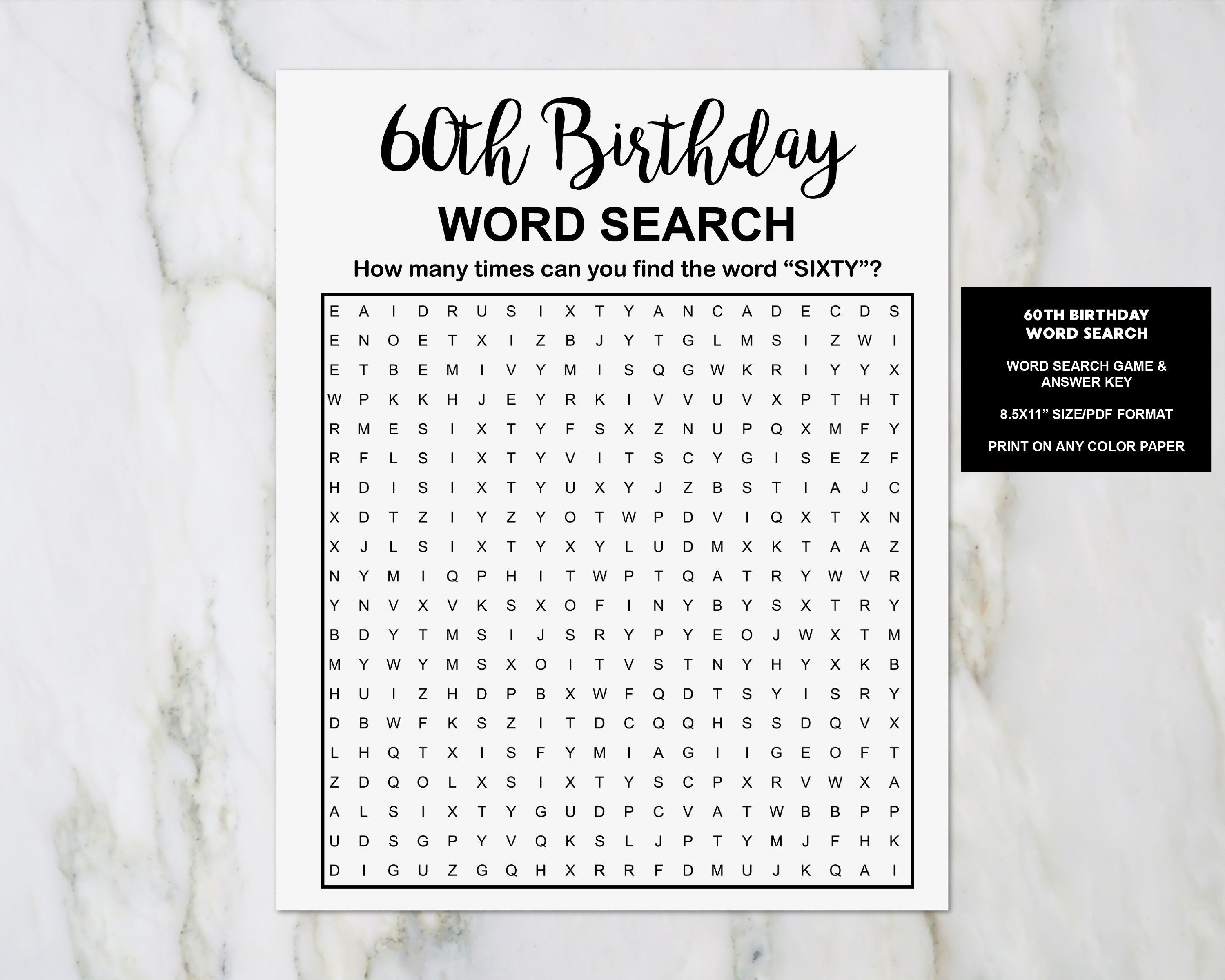 60th Birthday Game Word Search SIXTY Birthday Game - Etsy