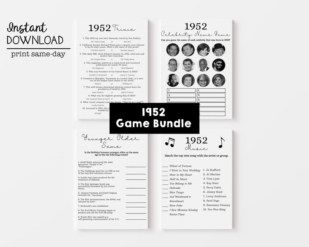 1952 Trivia Game 1952 Birthday Parties Fun Game Instant Download ...