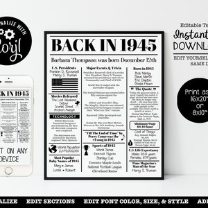 EDITABLE 1945 Back in 1945 Birthday Poster Fun Facts 1945 Anniversary ...