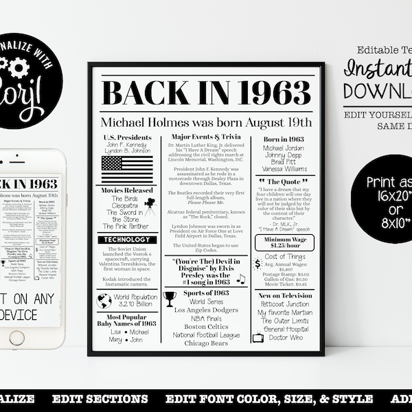 1963 Fun Facts Digital - Etsy