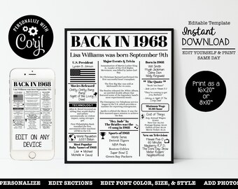 Back in 1968 Newspaper Poster PRINTABLE 1968 PRINTABLE Birthday Sign ...