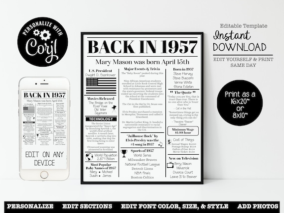 EDITABLE 1957 Back in 1957 Birthday Black and White Poster | Etsy