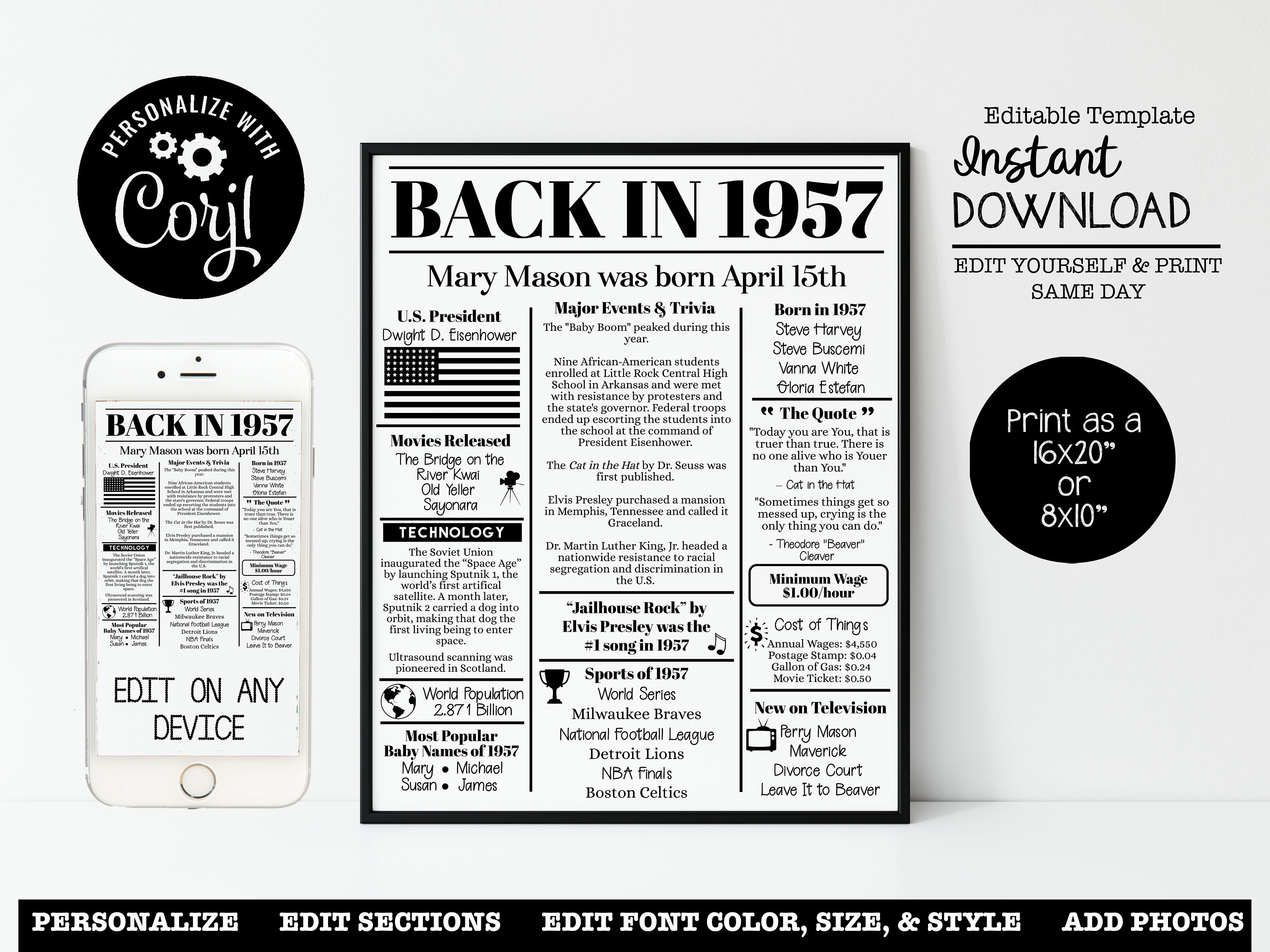 EDITABLE 1957 Back in 1957 Birthday Poster Fun Facts - Etsy