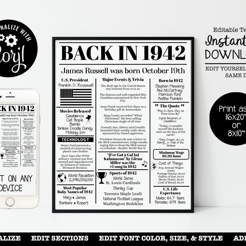 1942 Birthday Back in 1942 Fun Facts 1942 Trivia - Etsy