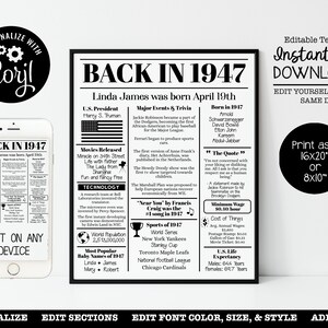 EDITABLE 1947 Back in 1947 Birthday Poster Fun Facts 1947 Anniversary ...