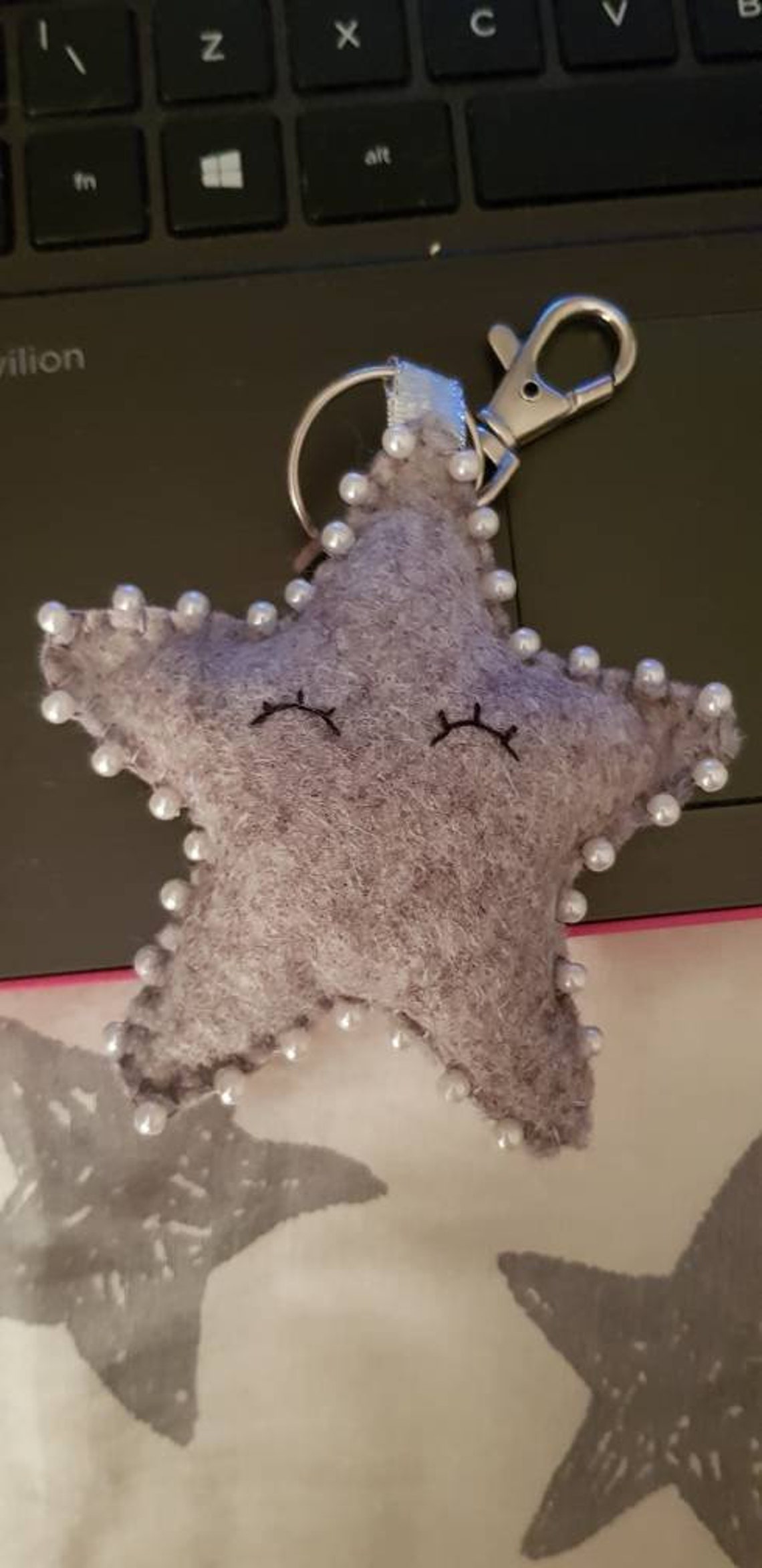 Handsewn Felt Star Keyring: Grey Beaded Keychain - Etsy UK