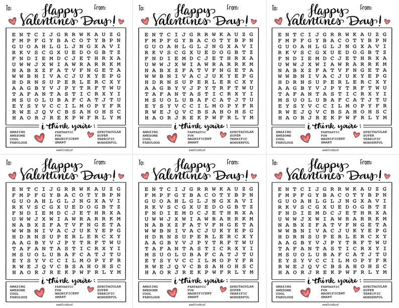 Valentine’s Day Printable Mini Word Search Valentines- 6 per Page - Etsy