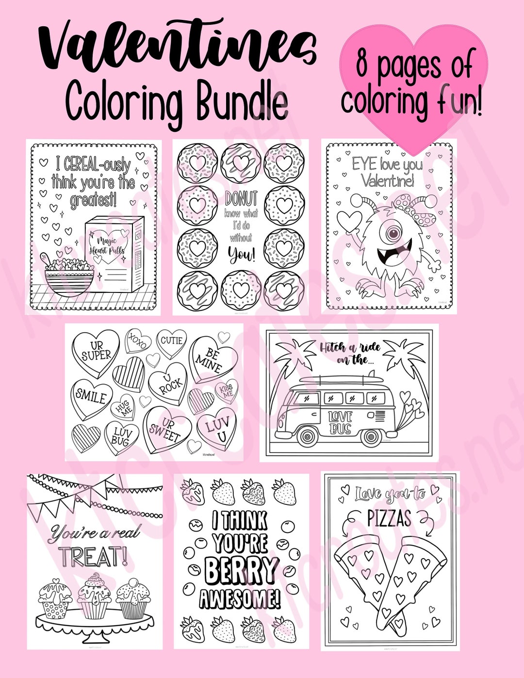 Valentine’s Day Coloring Bundle! 8 Full Size Pages Printable Valentines ...