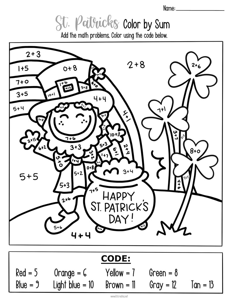 St Patricks Color by Number/sum Math Activity | Etsy
