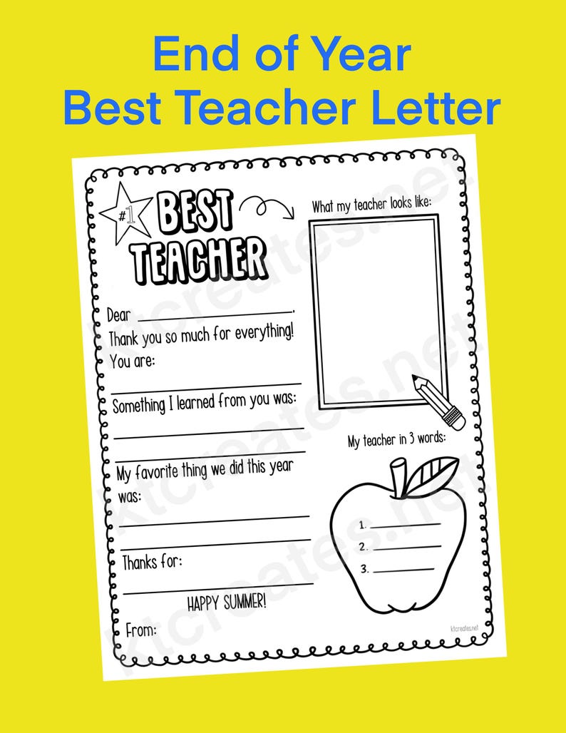 End of Year Best Teacher Letter, Teacher Card, Thank You Teacher Card ...