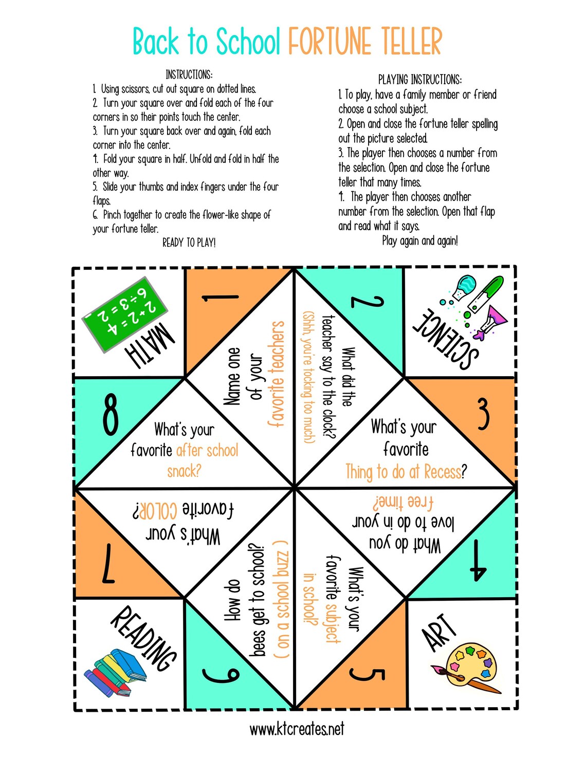 Back to School Fortune Teller, Cootie Catcher, Back to School Activity ...