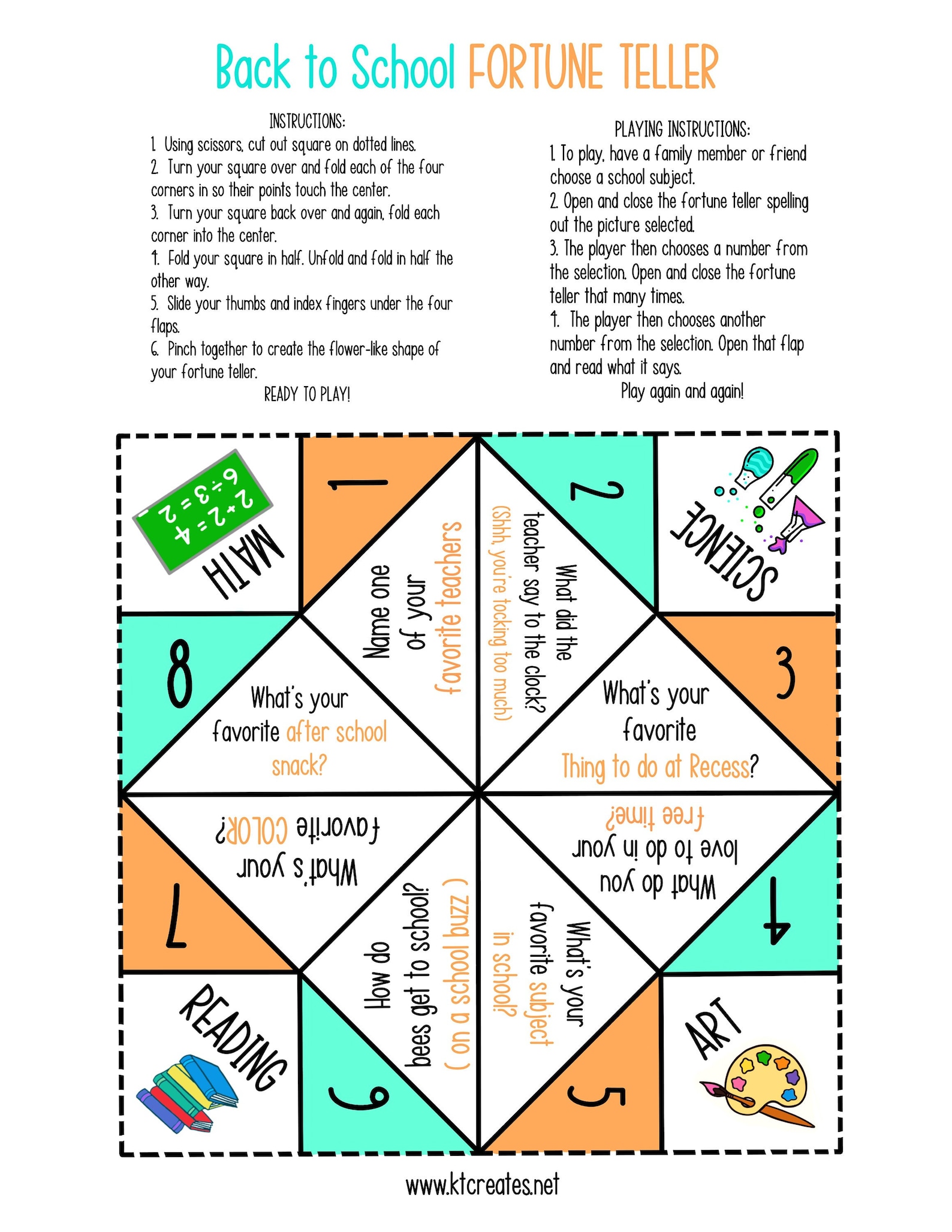 Back to School Fortune Teller, Cootie Catcher, Back to School Activity ...