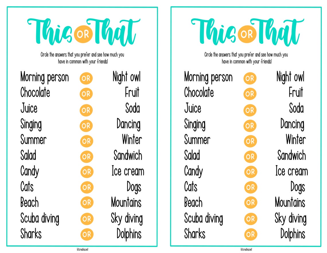 This or That Get to Know You Back to School Activity Game Printable - Etsy