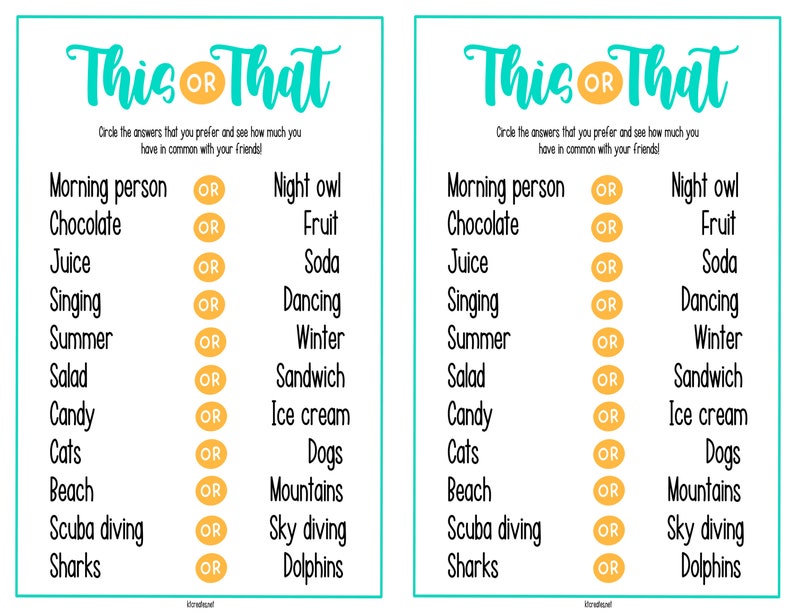 This or That Get to Know You Back to School Activity Game Printable - Etsy