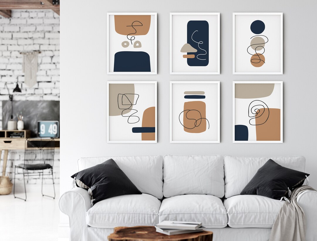 Geometric Art Set, Set of 6 Prints, Abstract Shapes Set, Beige Navy ...