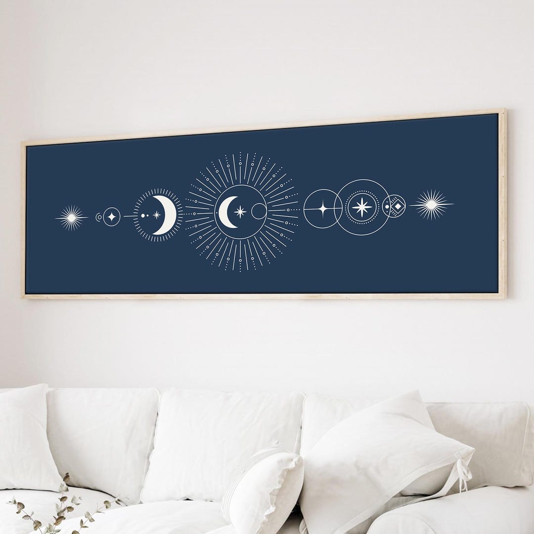 Moon Phases Boho Panoramic Canvas Print, Indigo Blue Celestial Framed ...