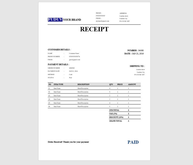 Invoice Receipt Order Form Printable Invoice Custom - Etsy Australia