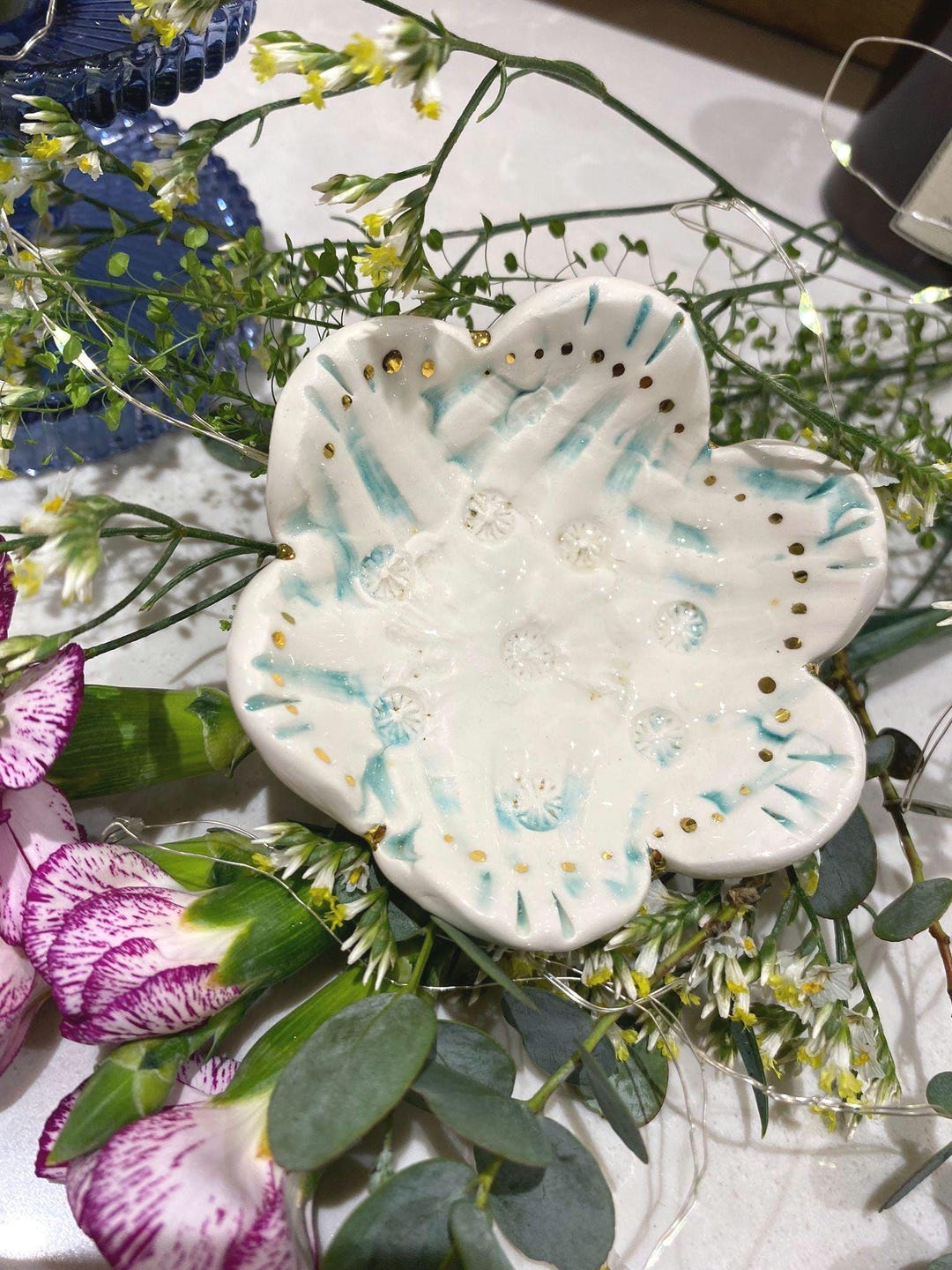 Cornish Shell & Botanical Hand Pinched Petal Trinket Ceramic Dish ...