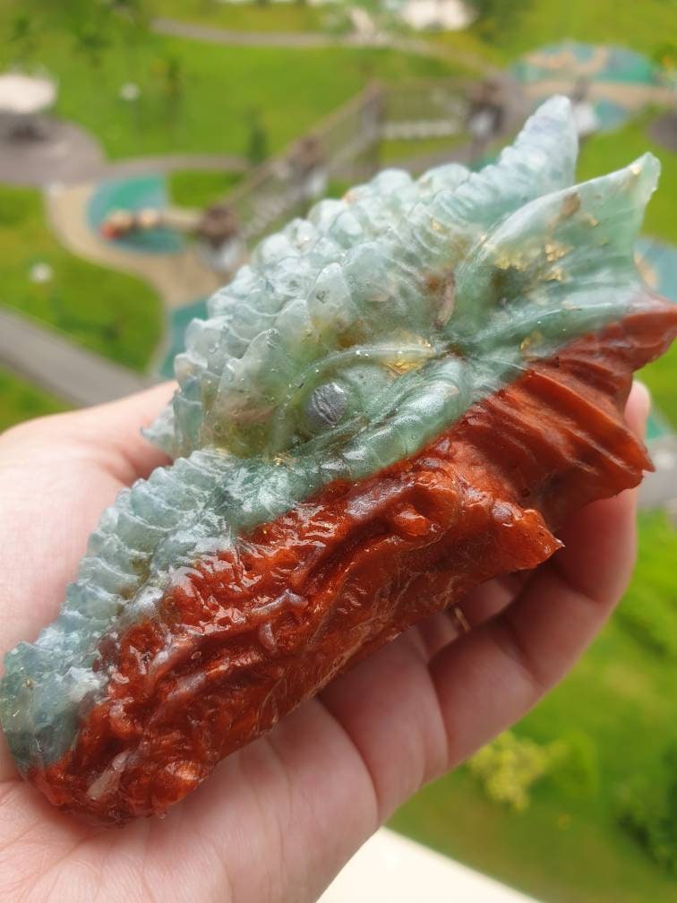 Dragon Head Crystal Resin Art, Crystal Dragon With Tumbled Aquamarine ...