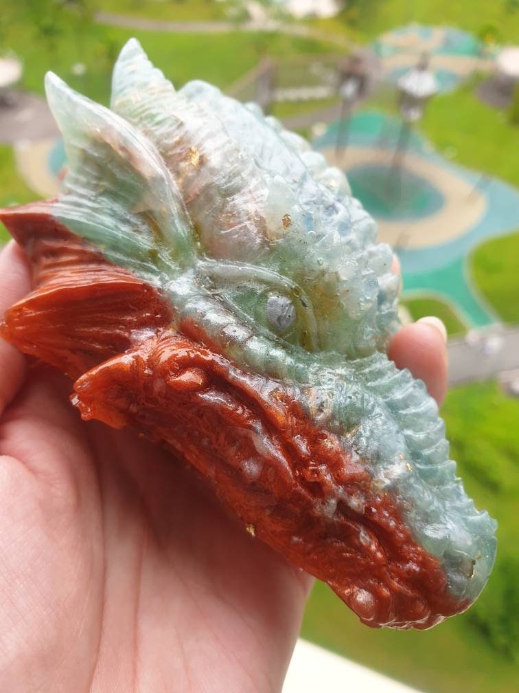Dragon Head Crystal Resin Art, Crystal Dragon With Tumbled Aquamarine ...