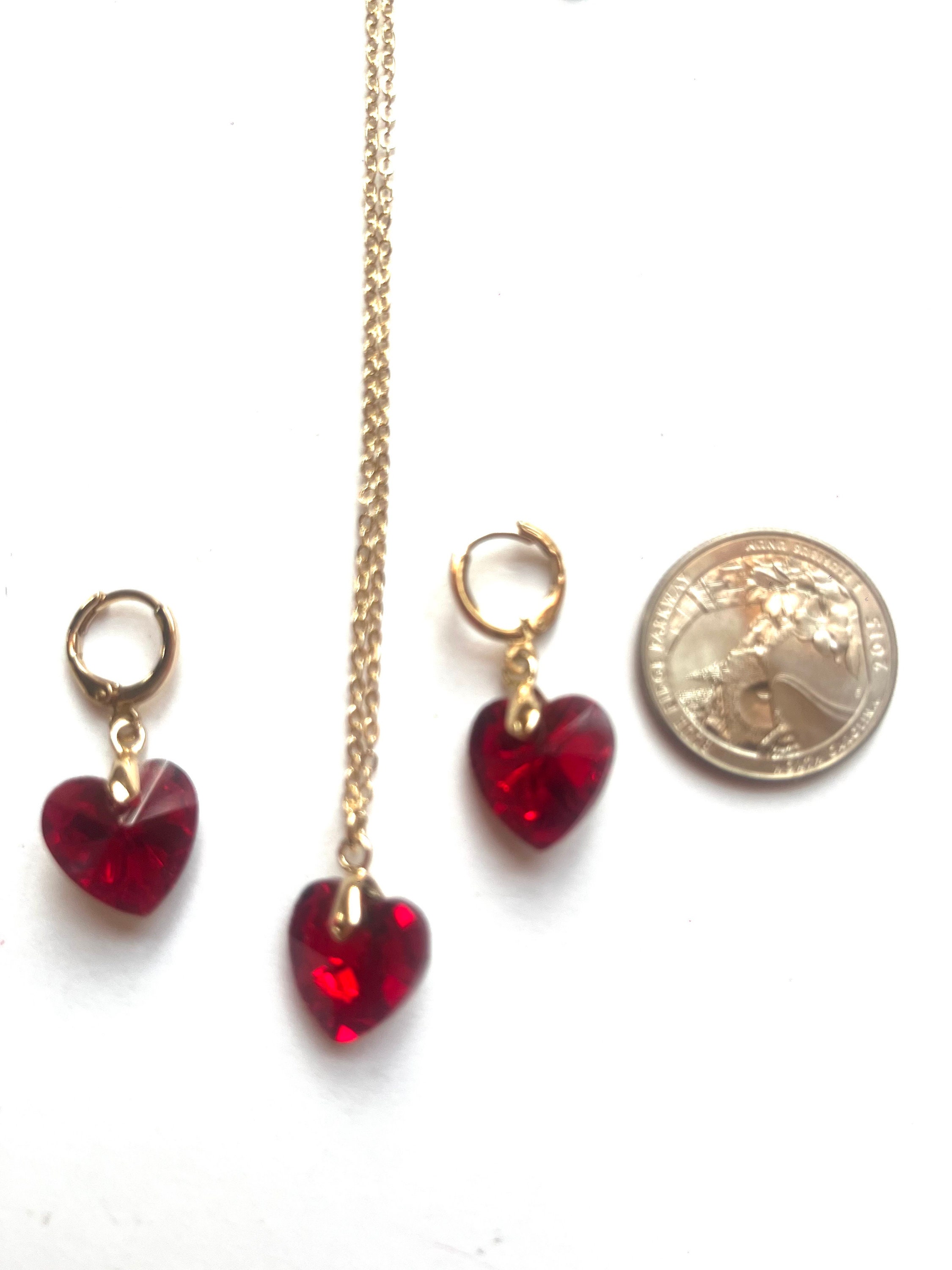 Red Gold Crystal Necklace Red Heart Rhinestone Huggie Hoop Earrings Red ...