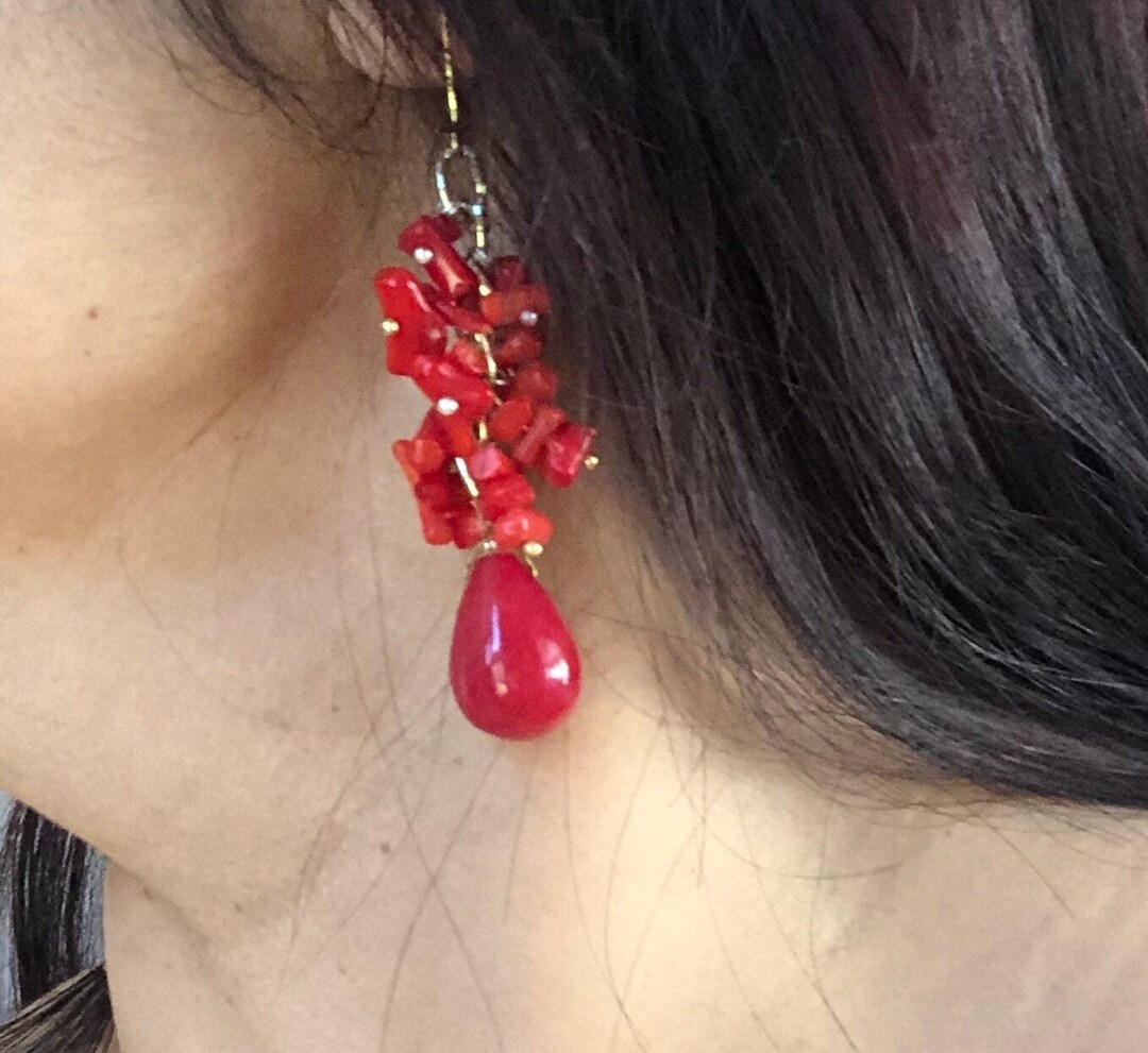 Red Stone Beaded Earring, Red Coral Cluster Earrings, Coral Jade ...