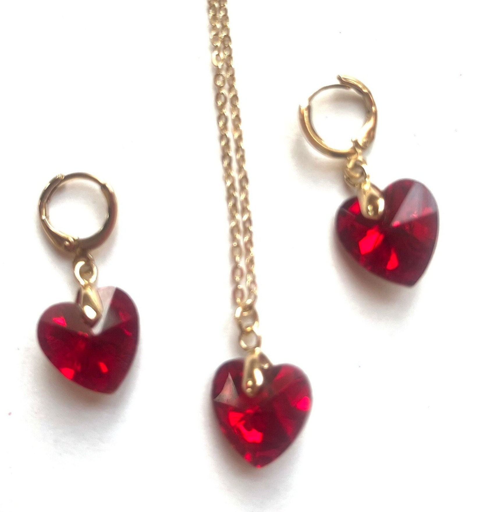 Red Gold Crystal Necklace Red Heart Rhinestone Huggie Hoop Earrings Red ...