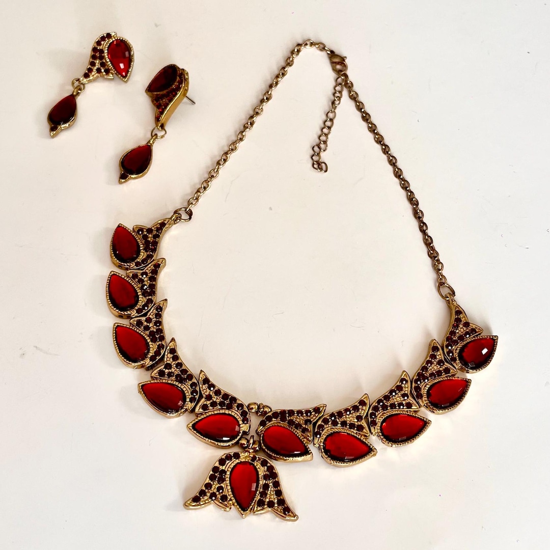 Vintage Rhinestone Necklace Set, Red Rhinestone Jewelry, Red Gold ...