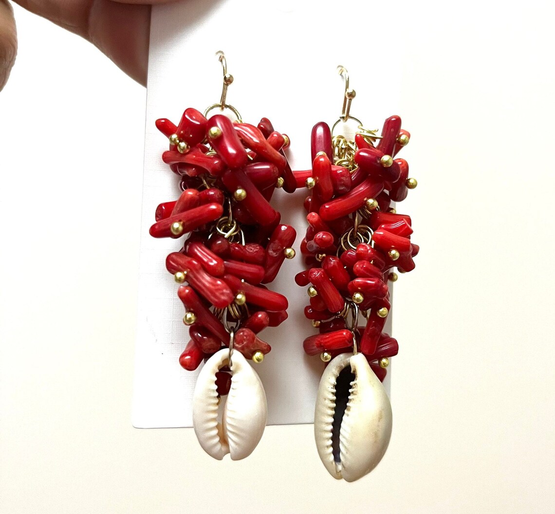 Red Coral Sea Shell Earrings Coral Cluster Earrings Summer - Etsy