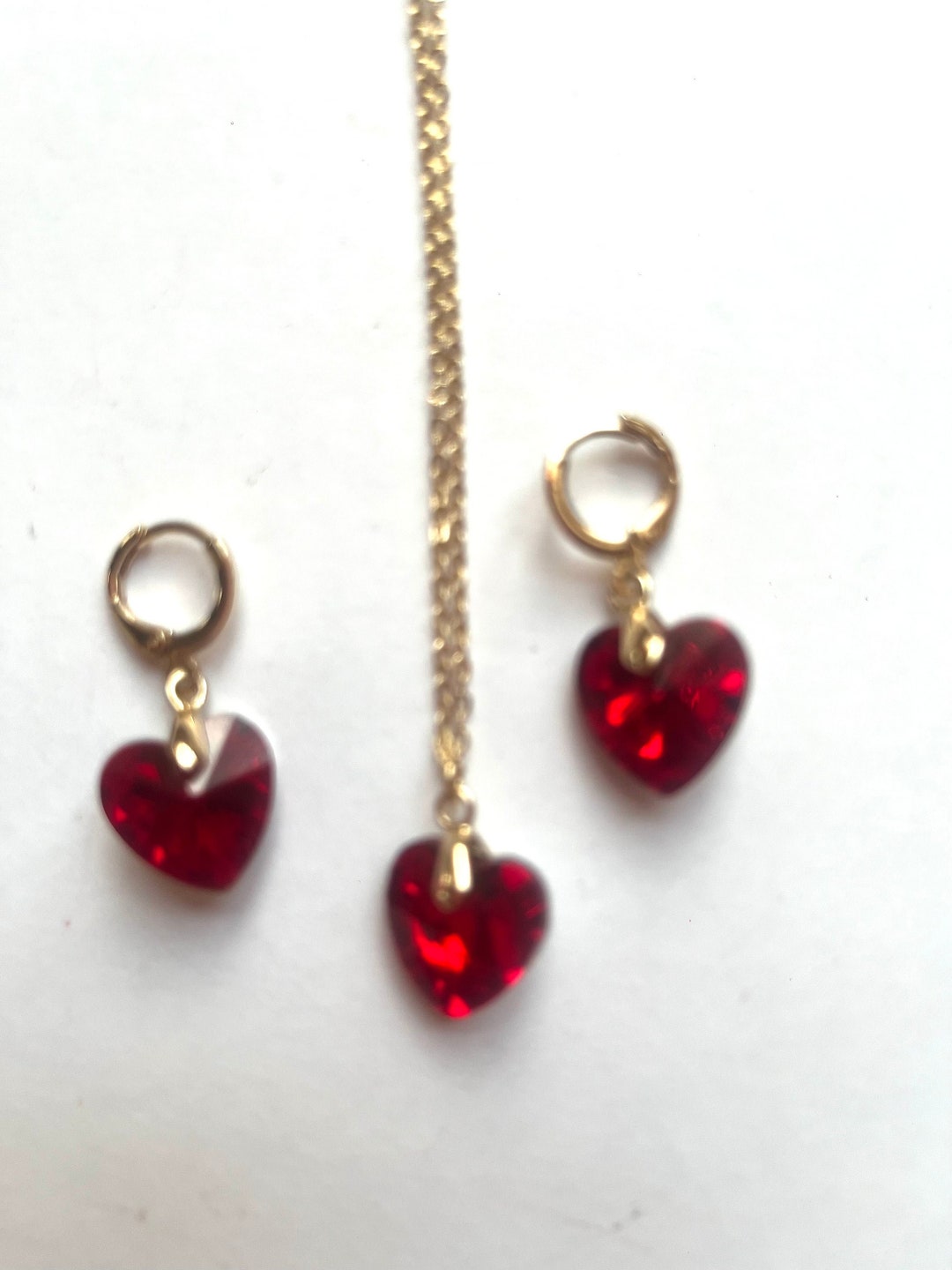 Red Gold Crystal Necklace Red Heart Rhinestone Huggie Hoop Earrings Red ...